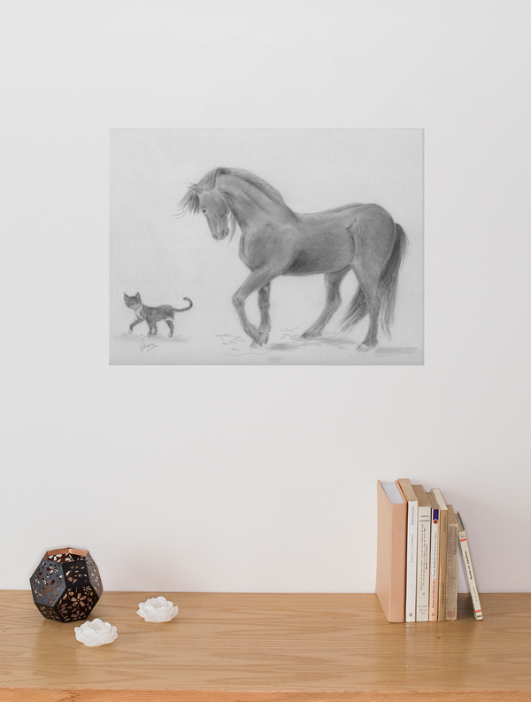 Majestic Friesian Horse & Cat Pencil Drawing 8x10 Print Fine Art Print ...