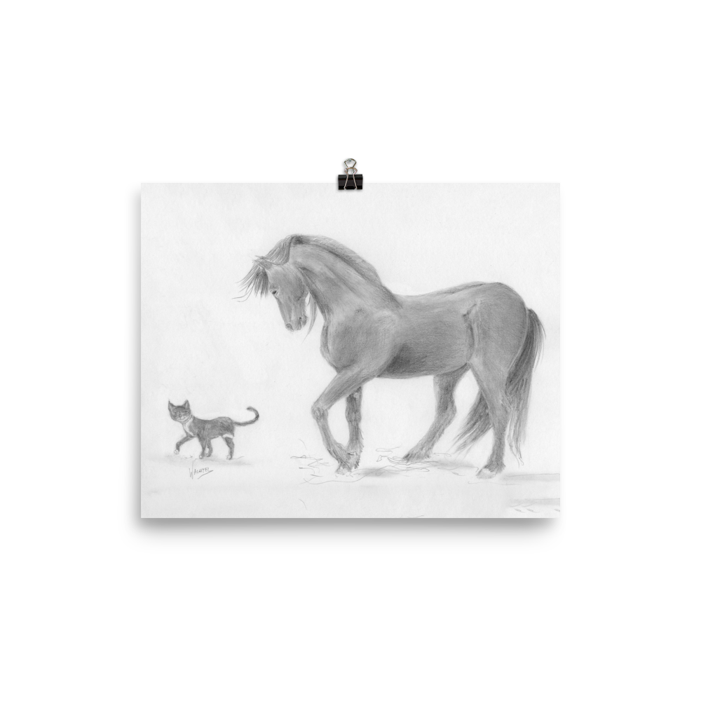 Majestic Friesian Horse & Cat Pencil Drawing 8x10 Print Fine Art Print ...